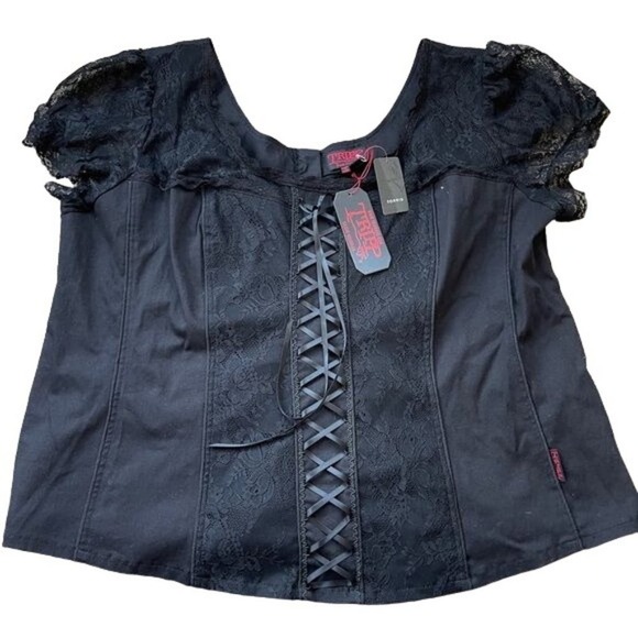 Tripp nyc | Tops | Tripp Nyc Top Black Lace Sleeves Ribbon Tie Zip Back ...